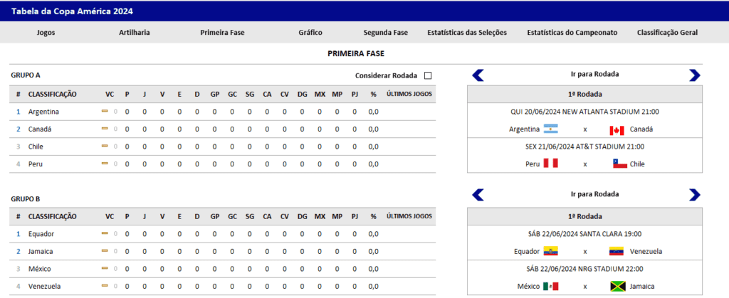 Tabela da Copa América no Excel